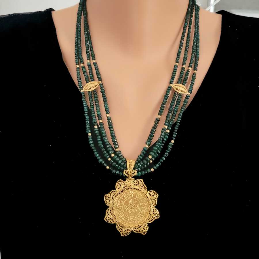 22 Ayar Altın Zümrüt Dizi Taşlı Telkari Mahmudiye Paralı Kolye. | NUSRETTAKI