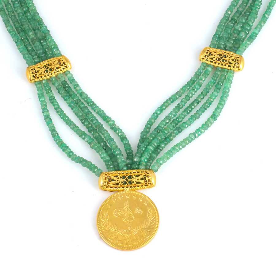 22 Ayar Altın Zümrüt Taşlı Hamit Beşli Çerçeve Kolye | NUSRETTAKI