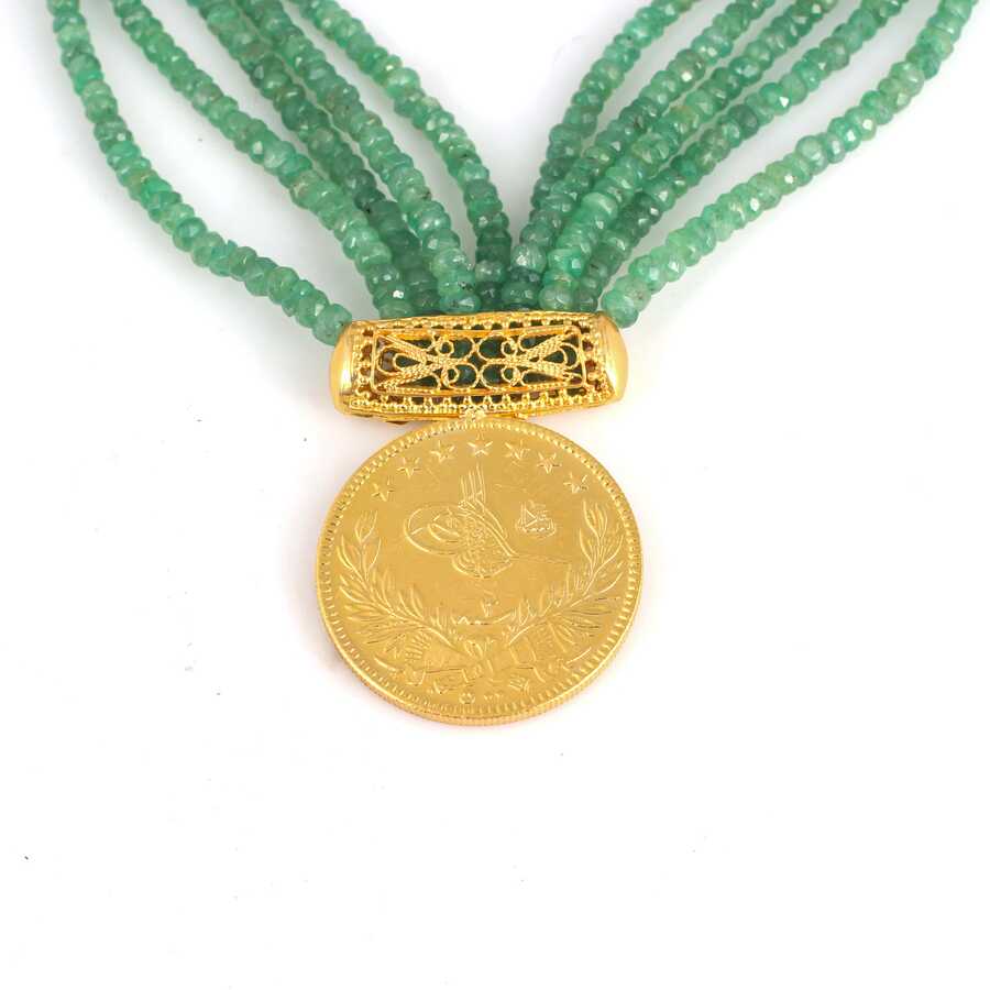 22 Ayar Altın Zümrüt Taşlı Hamit Beşli Çerçeve Kolye | NUSRETTAKI
