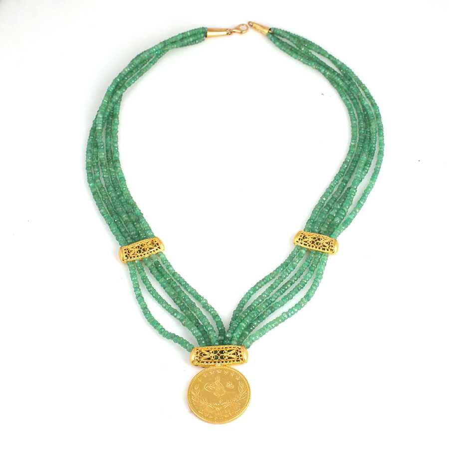 22 Ayar Altın Zümrüt Taşlı Hamit Beşli Çerçeve Kolye | NUSRETTAKI