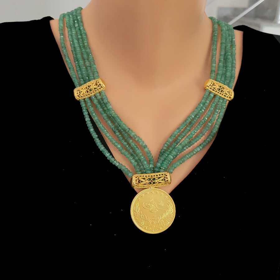 22 Ayar Altın Zümrüt Taşlı Hamit Beşli Çerçeve Kolye | NUSRETTAKI
