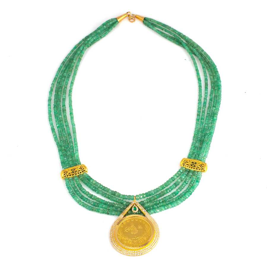 22 Ayar Altın Zümrüt Taşlı Reşat Beşli Kolye | NUSRETTAKI