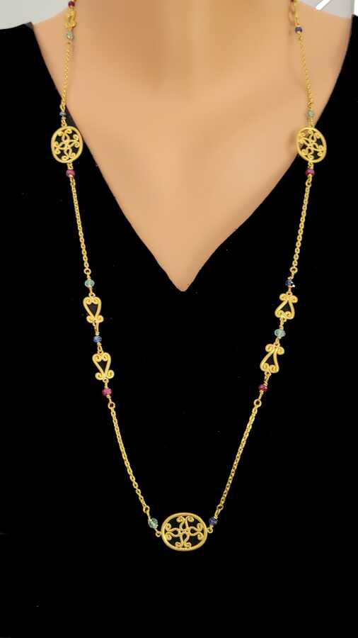 24 Ayar Altın Has Taşlı Elişi Desenli Uzun Kolye | NUSRETTAKI