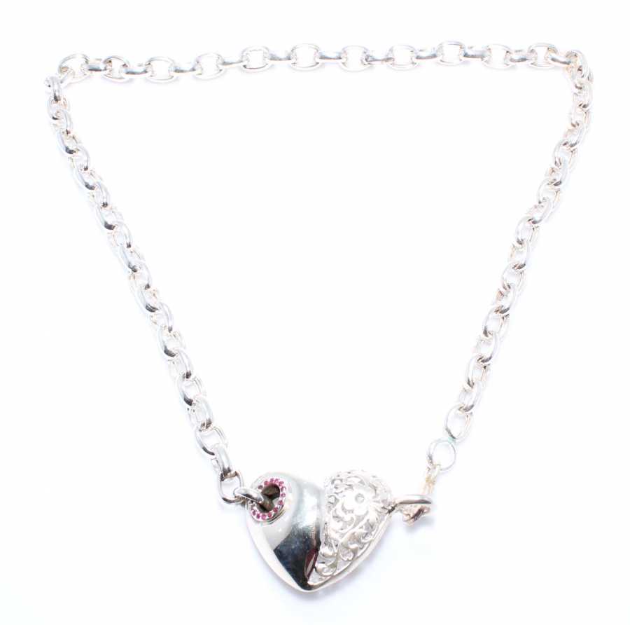 925 Sterling Silver Doch Chain Heart Necklace, White Stone | NUSRET
